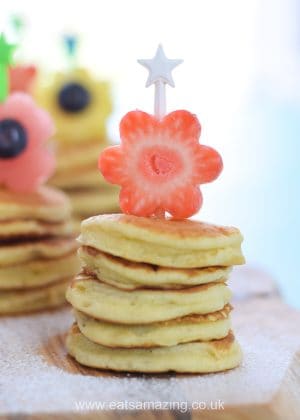 Fruit Flower Topped Mini Pancake Stacks Recipe - Eats Amazing.